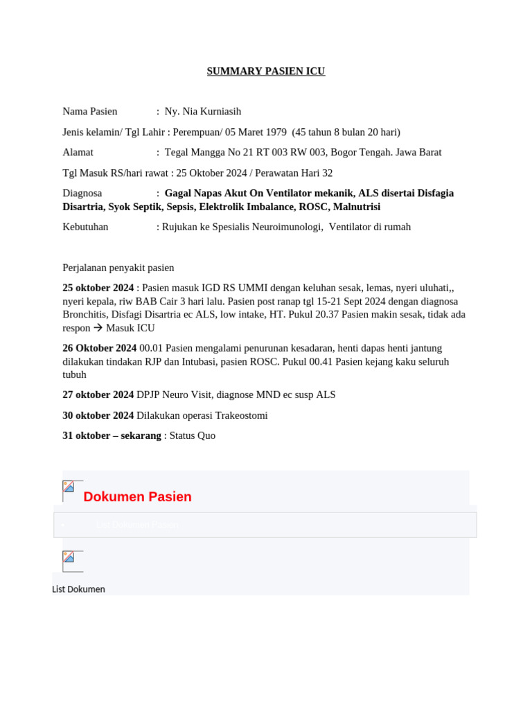 Summary Pasien Icu Ny Nia | PDF