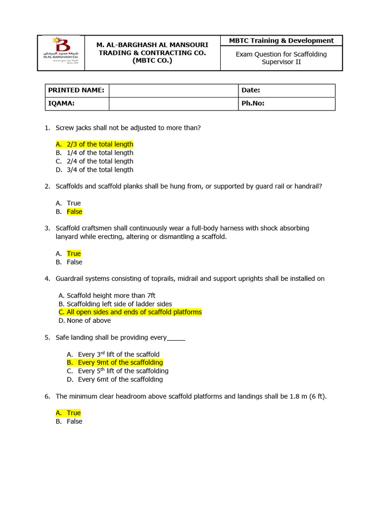Scaffolding Supervisor Training Questionnaires-2 Module | PDF ...