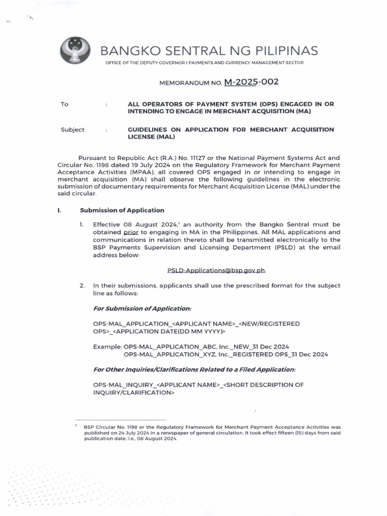 BSP Memorandum No M-2025-002 | PDF | Payments | Business
