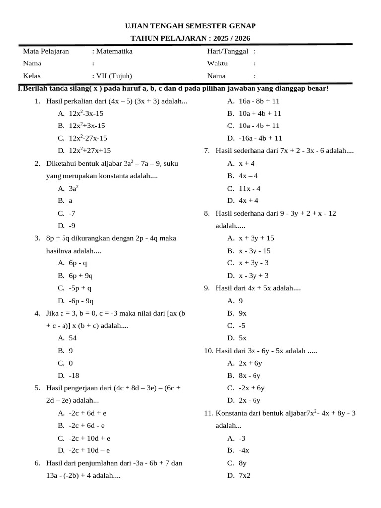 Soal UTS MTK Kelas 7 | PDF