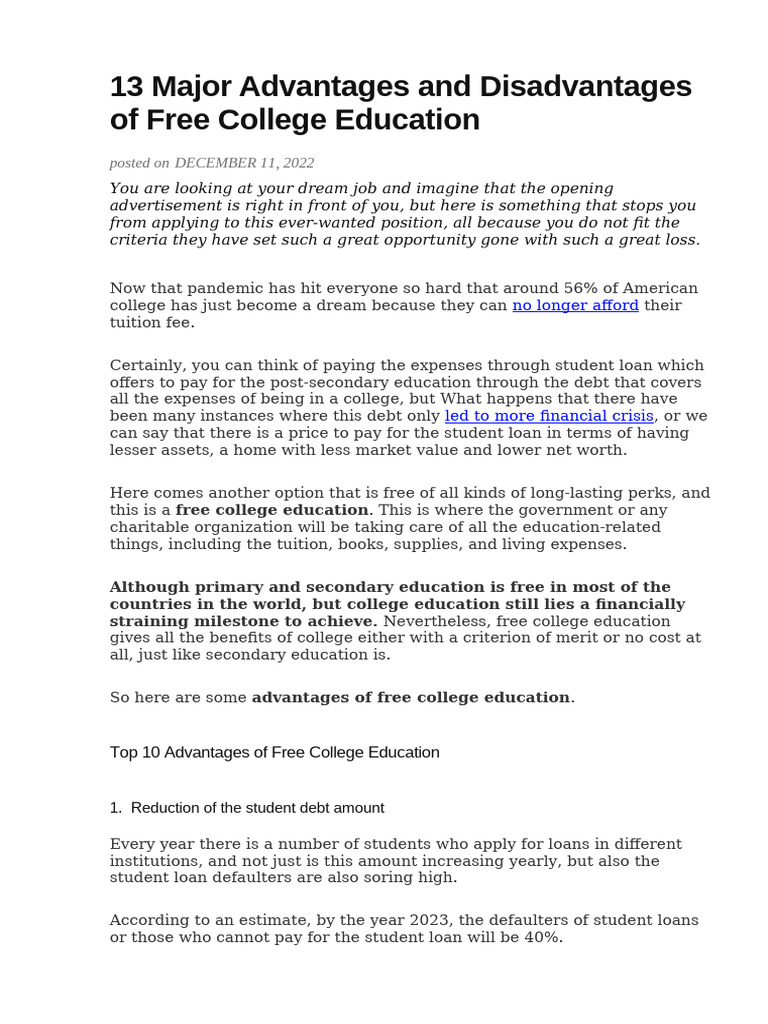 13 Major Advantages and Disadvantages of Free College Education | PDF ...
