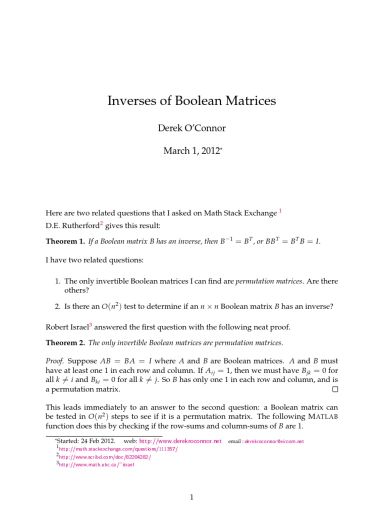 O Connor Boolean Matrix Inverses Pdf Matrix Mathematics Permutation