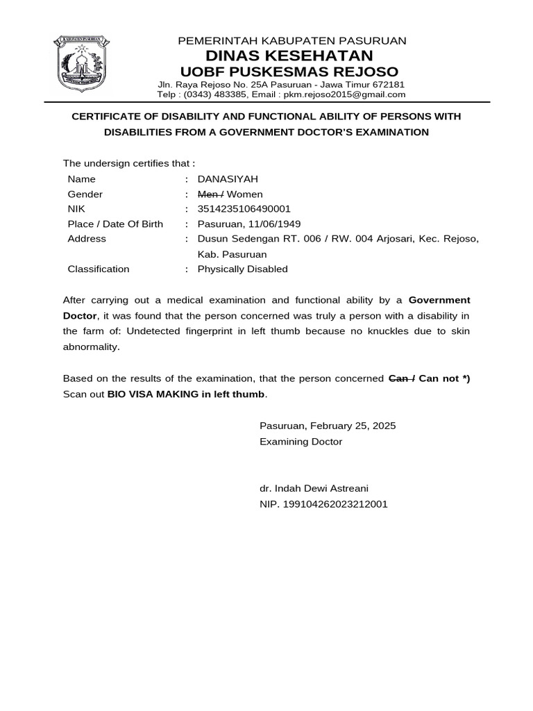 Certificate of Disability for Danasiyah | PDF