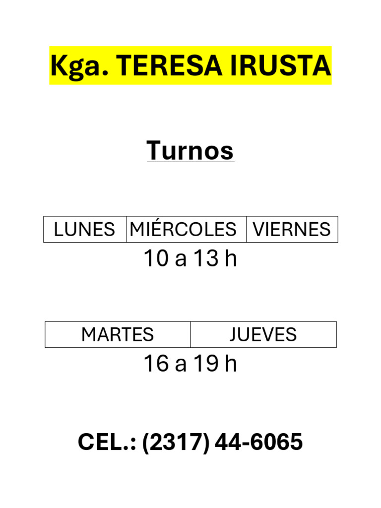 Kga. Teresa Irusta: Turnos | PDF