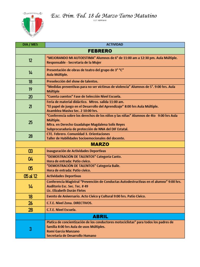 Calendario 86 Aniversario Escuela 18 de Marzo | PDF