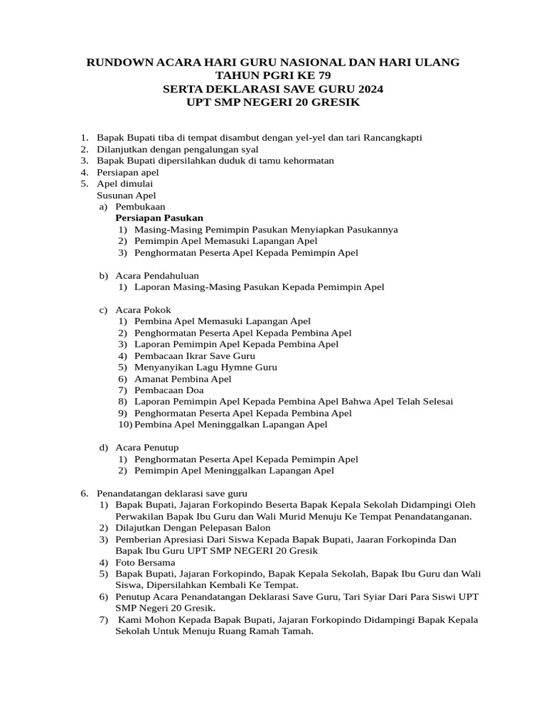 RUNDOWN ACARA HARI GURU NASIONAL DAN HARI ULANG TAHUN PGRI KE 79 | PDF