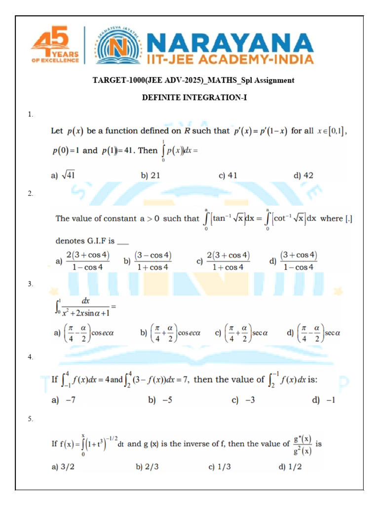 JEE 2025 Definite Integration Assignment | PDF