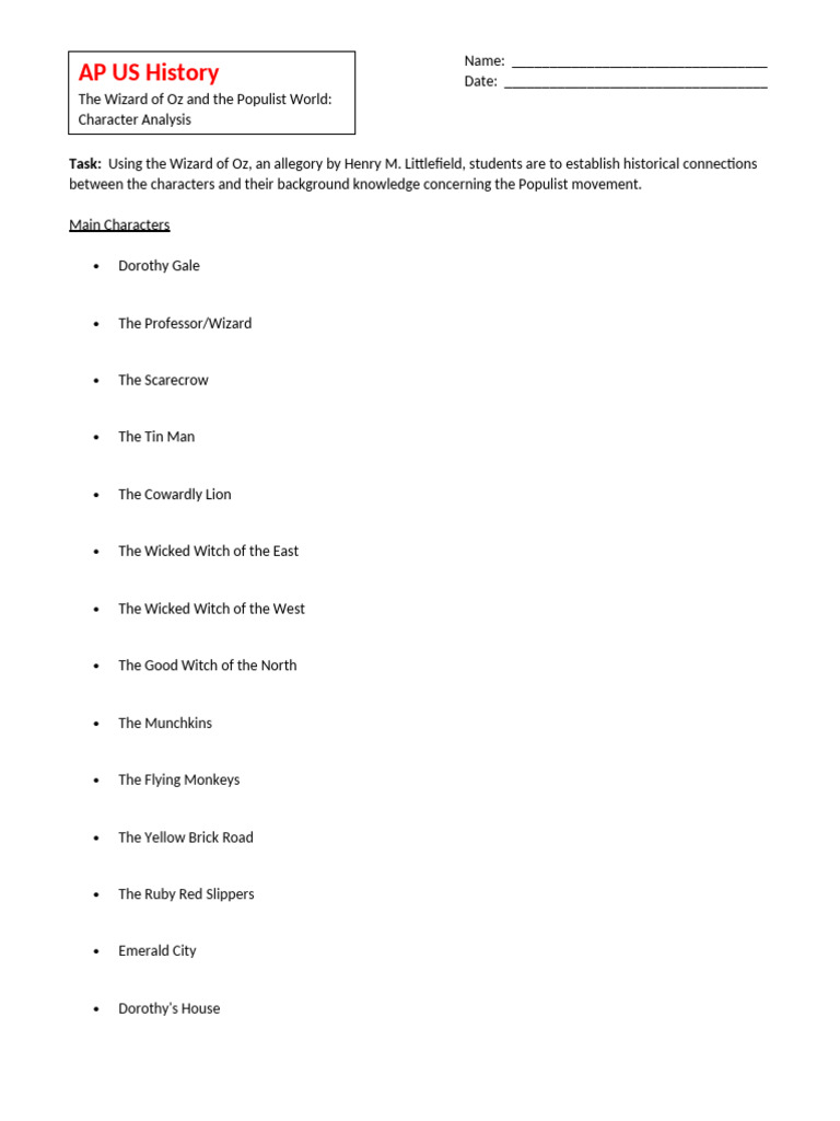 Wizard of Oz Character Analysis Guide | PDF
