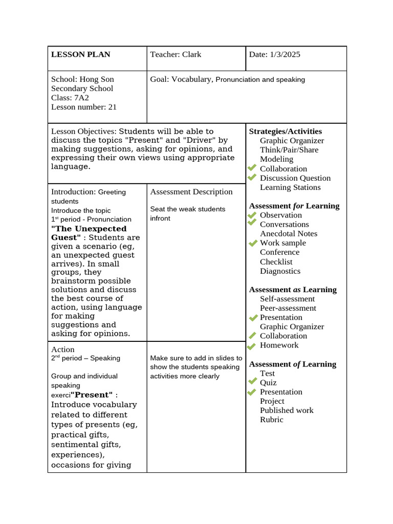 7A2 Vocabulary & Speaking Lesson Plan | PDF | Lesson Plan | Behavior Modification