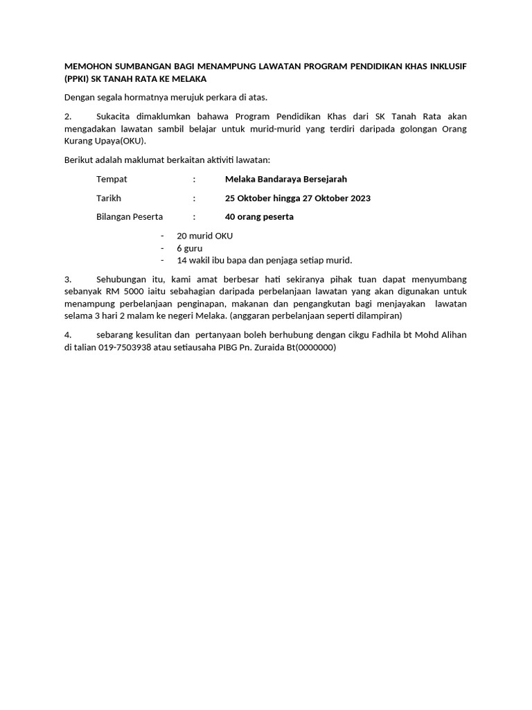 MEMOHON SUMBANGAN BAGI MENAMPUNG LAWATAN PROGRAM PENDIDIKAN KHAS ...