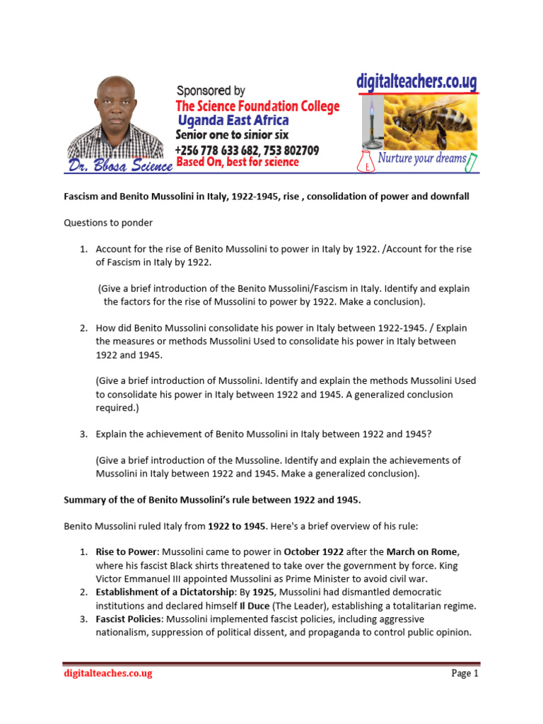 Fascism and Benito Mussolini in Italy 1922 1945 Rise Consolidation of ...