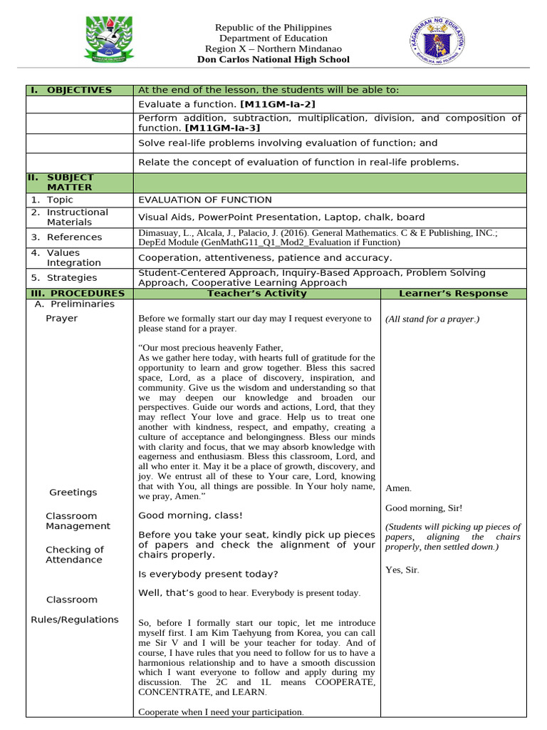Detailed Lesson Plan Sample | PDF | Function (Mathematics) | Mathematics