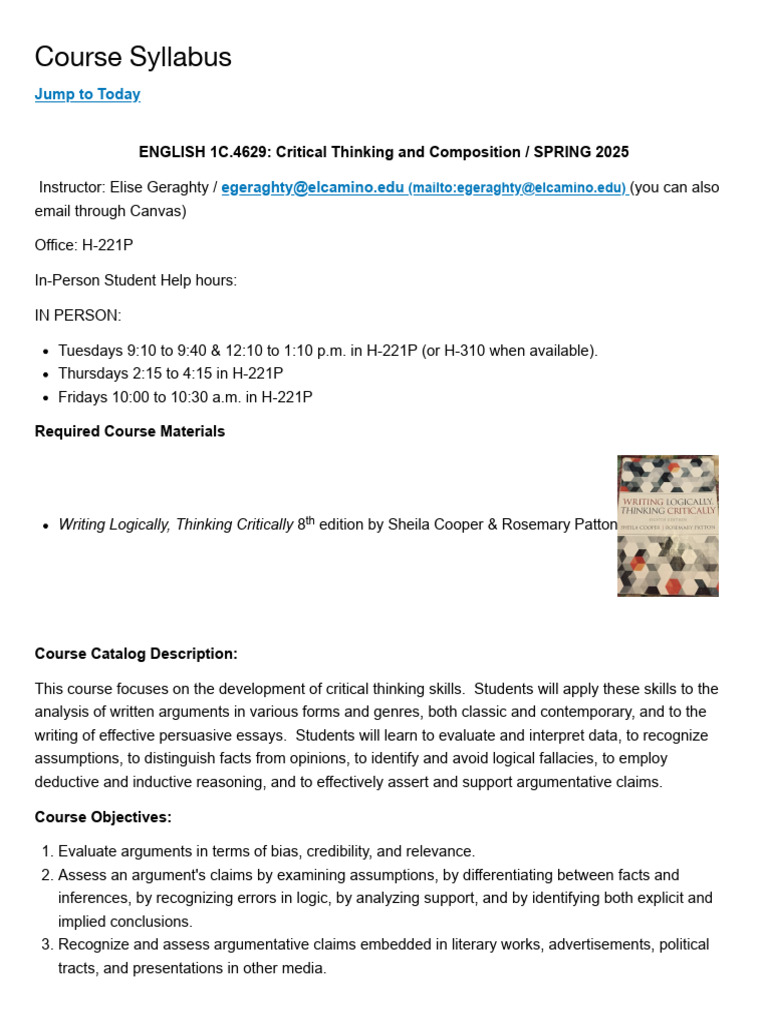 Syllabus For Critical Thinking and Composition ENGL-1C-4629 | PDF ...