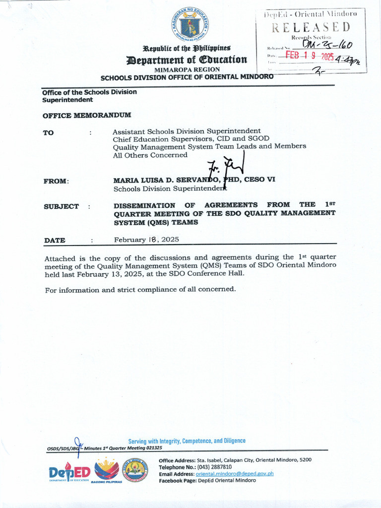 OM Dissemination of The Agreements From The 1st Quarter Meeting of The ...