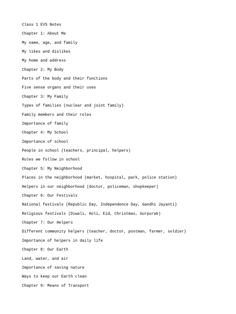 Evs Important Topics Class 1 Ncert | PDF