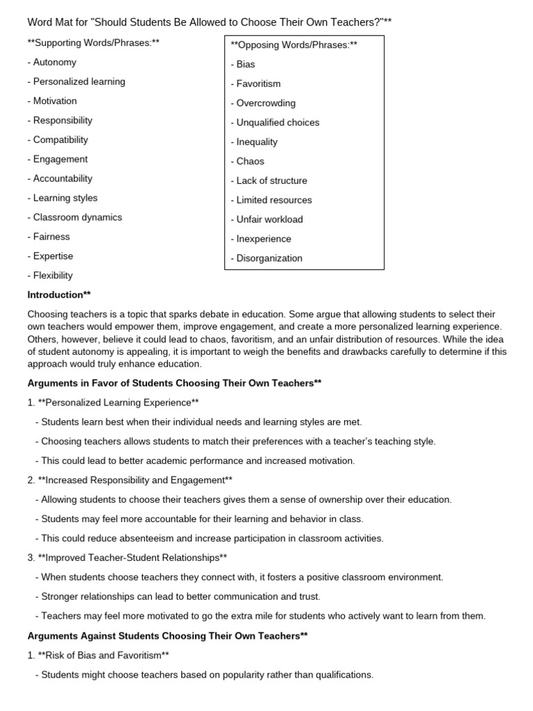 Pros and Cons of Student Teacher Choice | PDF | Teachers | Motivation
