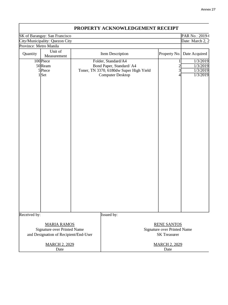 Property Acknowledgement Receipt: Annex 27 | PDF