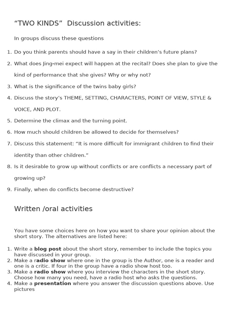 Two Kinds Discussion Questions Writing Prompts | PDF