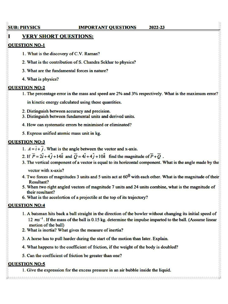 Chaduvu - 11 - PHY - Important Questions | PDF