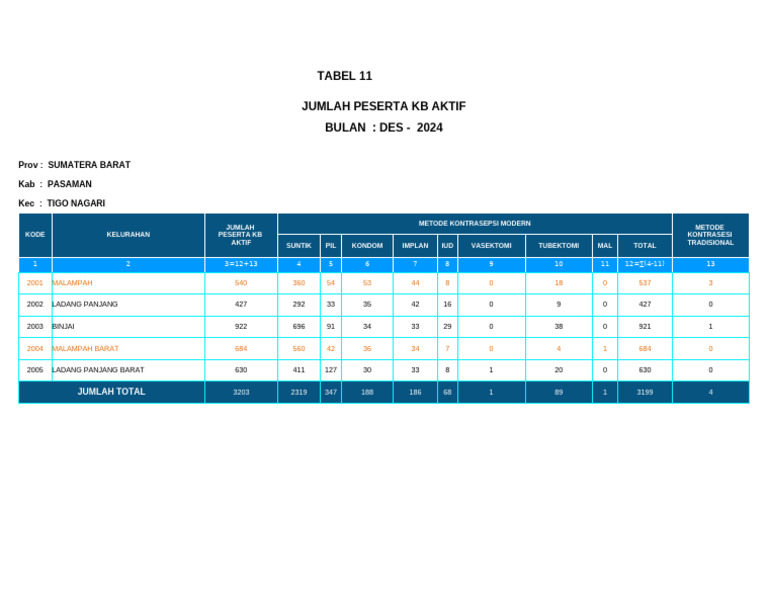 TABEL 11 peserta kb aktif 2024 WENRIZAL | PDF