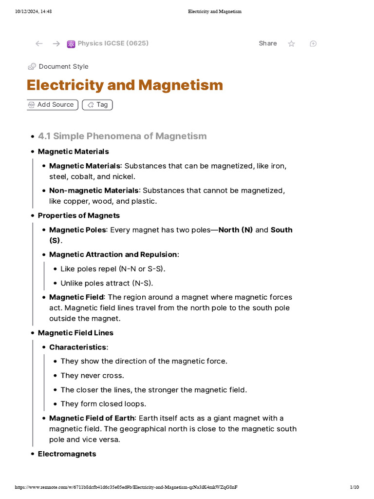 IGCSE Electricity & Magnetism Guide | PDF | Electromagnetic Induction ...