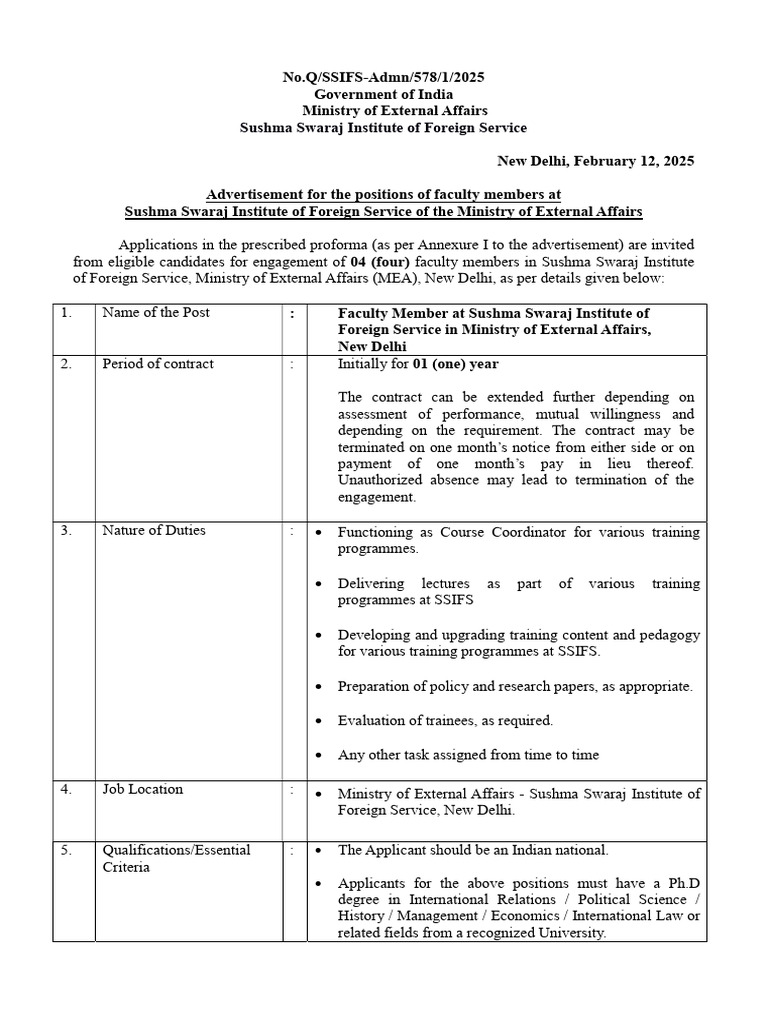 Faculty Positions at SSIFS, MEA 2025 | PDF | United States Foreign ...