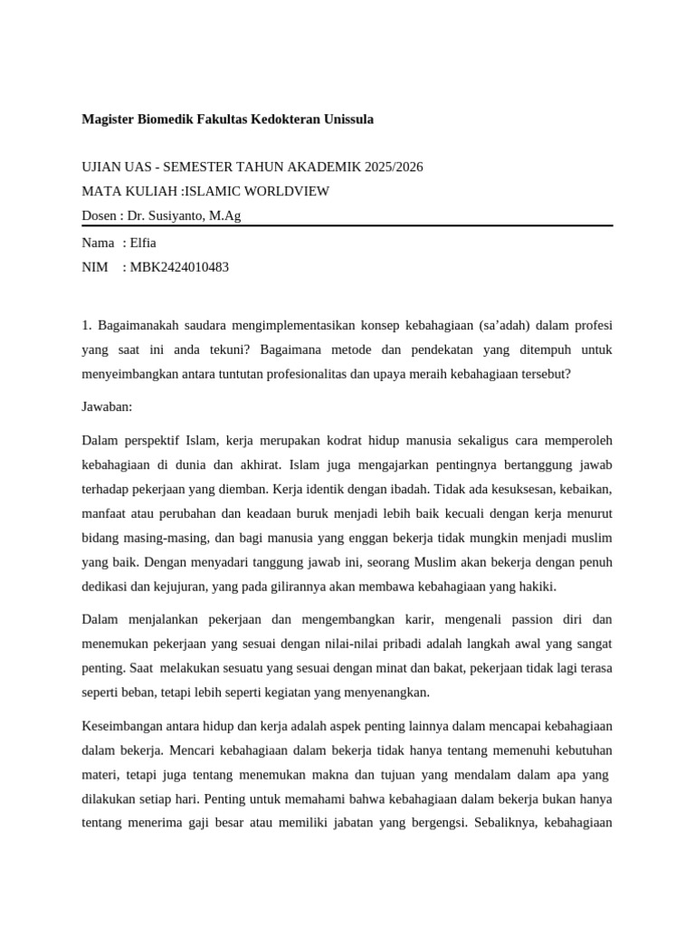 UAS - Islamic Worldview - Dr. Susiyanto, M.Ag - Elfia - MBK242401083 | PDF