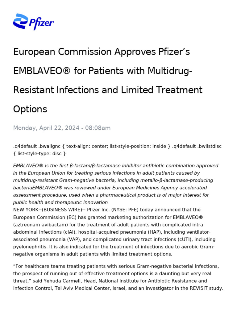 European Commission Approves Pfizers EMBLAVEOR For Patients With ...