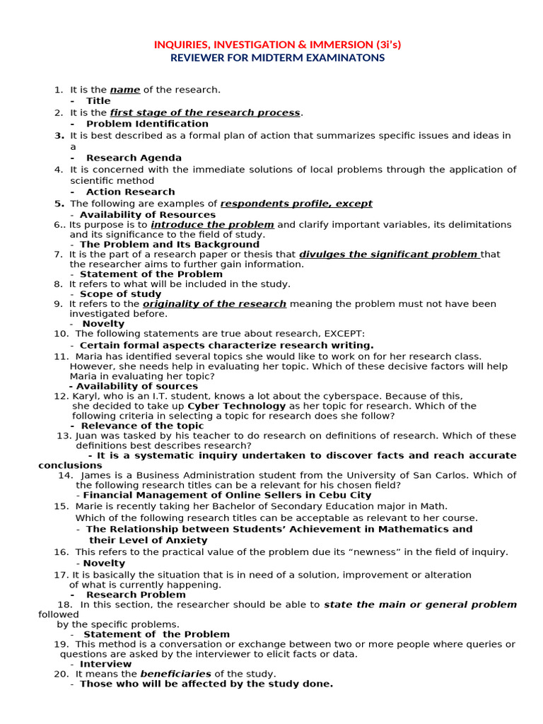 Inquiries Investigation and Immersion 3is Reviewer For Midterm Examinations | PDF | Methodology ...