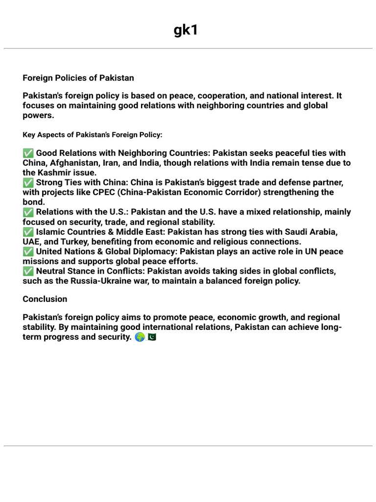 Foreign Policies of Pakistan | PDF
