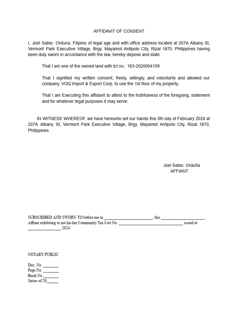 Affidavit of Consent | PDF | Affidavit | Legal Procedure