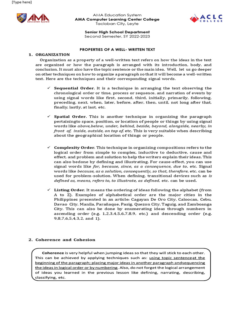 Lesson 3 Properties of a Well-Written Text | PDF | Paragraph | Linguistics