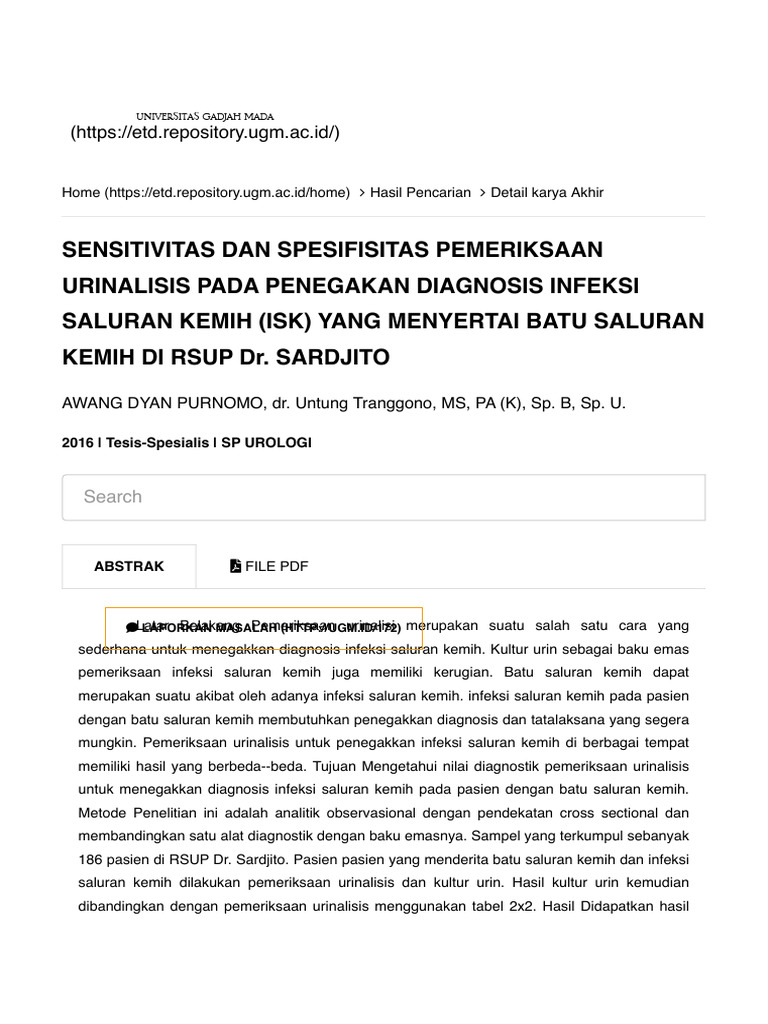 SENSITIVITAS DAN SPESIFISITAS PEMERIKSAAN URINALISIS PADA PENEGAKAN DIAGNOSIS INFEKSI SALURAN ...