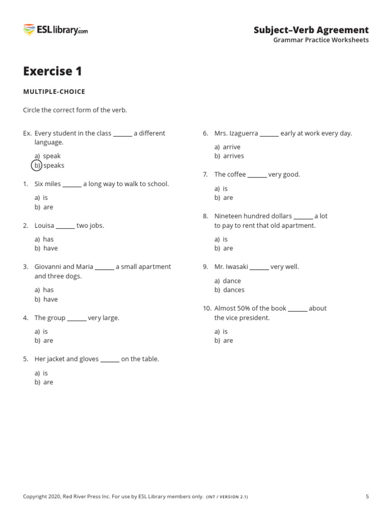 ESL Subject-Verb Agreement Exercises | PDF | Subject (Grammar ...