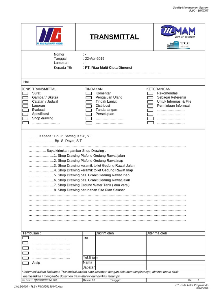 Dokumen Transmittal Proyek Konstruksi | PDF