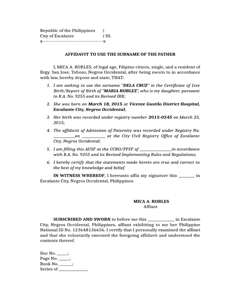 Affidavit to Use the Surname of the Father Sample 1 | PDF