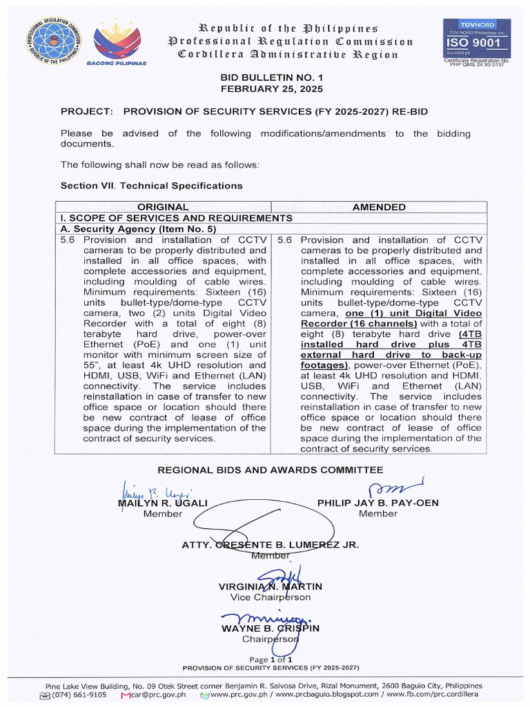 Bid Bulletin No. 1 - Provision of Security Services (Fy 2025-2027) Re-Bid | PDF