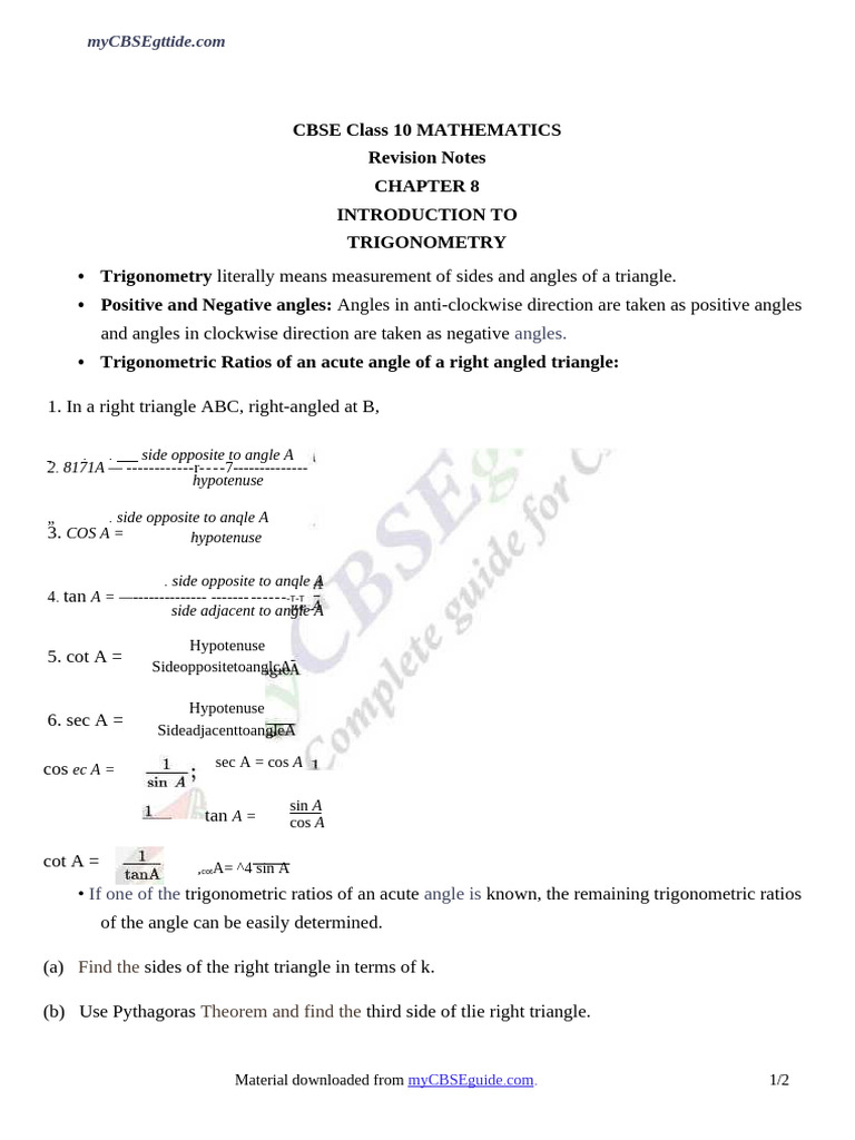 10 Maths Key Notes CH 08 Introduction To Trigonometry | PDF ...