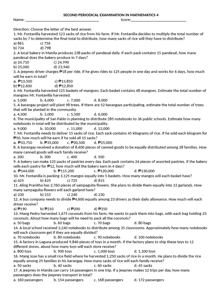PT - G4 Matatag Mathematics 4 - Q2 | PDF