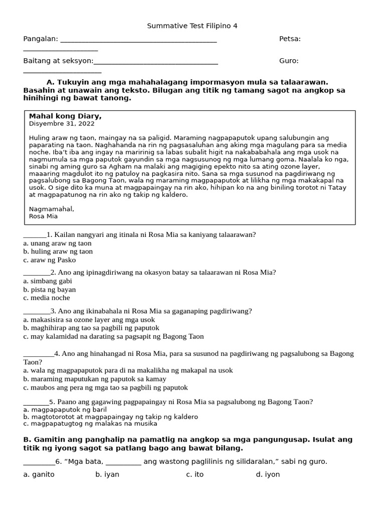 Summative Test Filipino 4 2.3 | PDF
