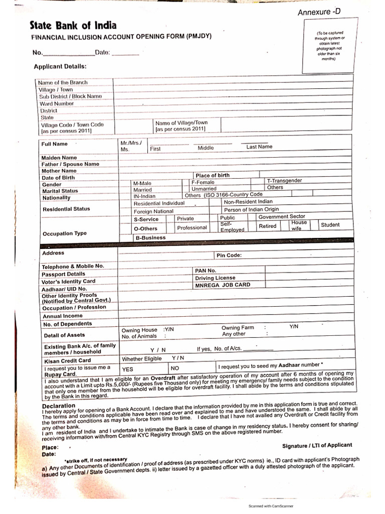 Sbi CSP Financial Inclusion Account Opening Form | PDF