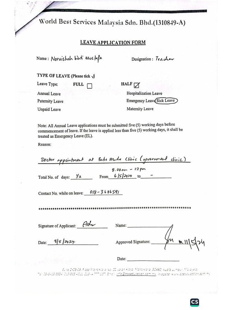 Ms Aisyah Leave Form | PDF