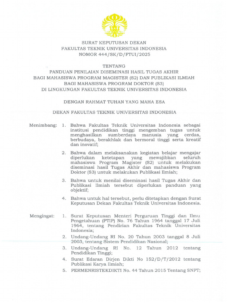 SK Nomor 444 Tentang Panduan Penilaian Diseminasi Hasil Tugas Akhir Bagi Mahasiswa S2 Dan S3 | PDF
