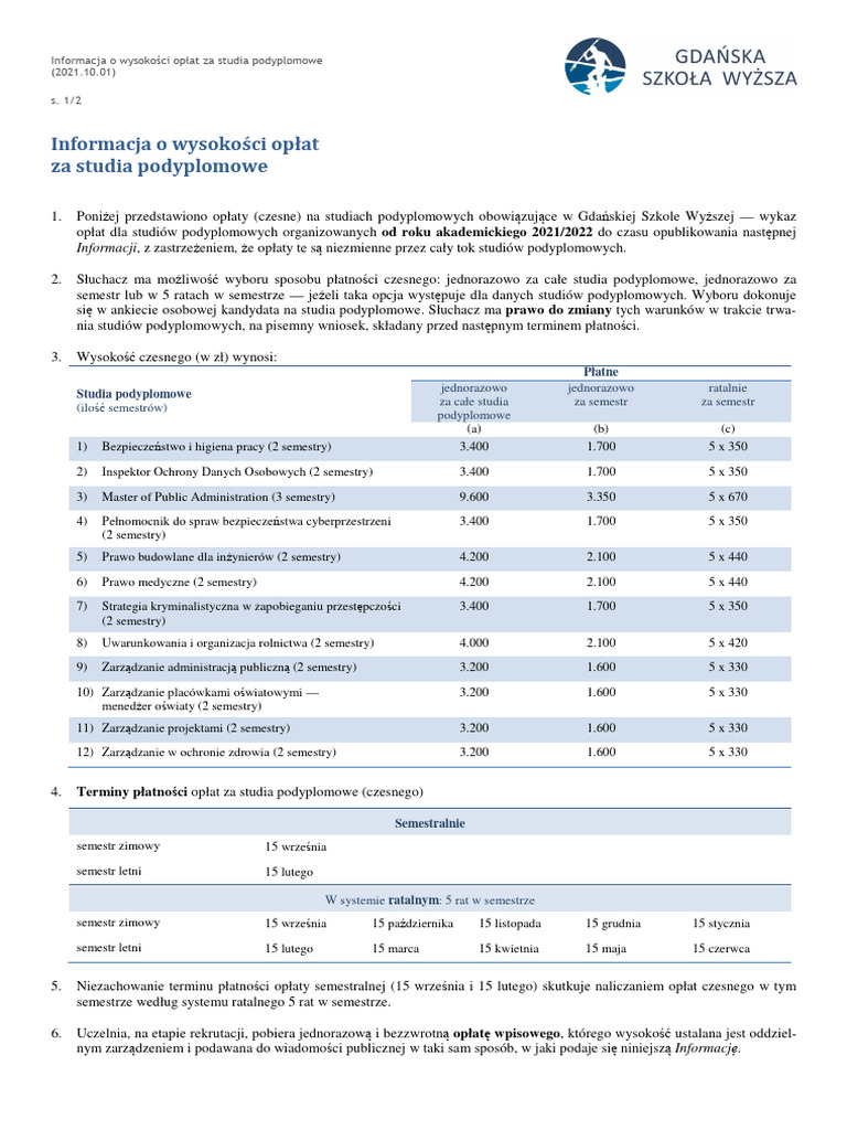 Informacja o Wysokosci Oplat Za Studia Podyplomowe 2021 | PDF