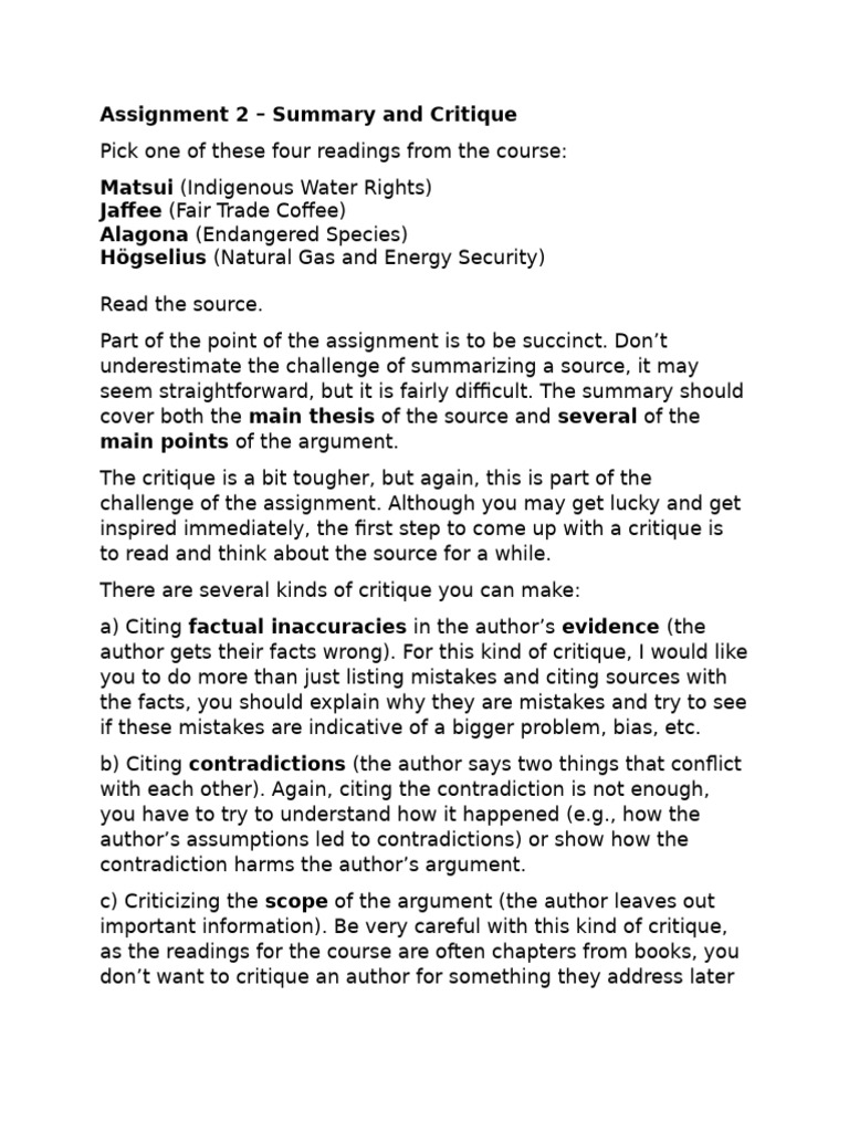 Summary and Critique Instructions (1) | PDF | Argument | Evidence