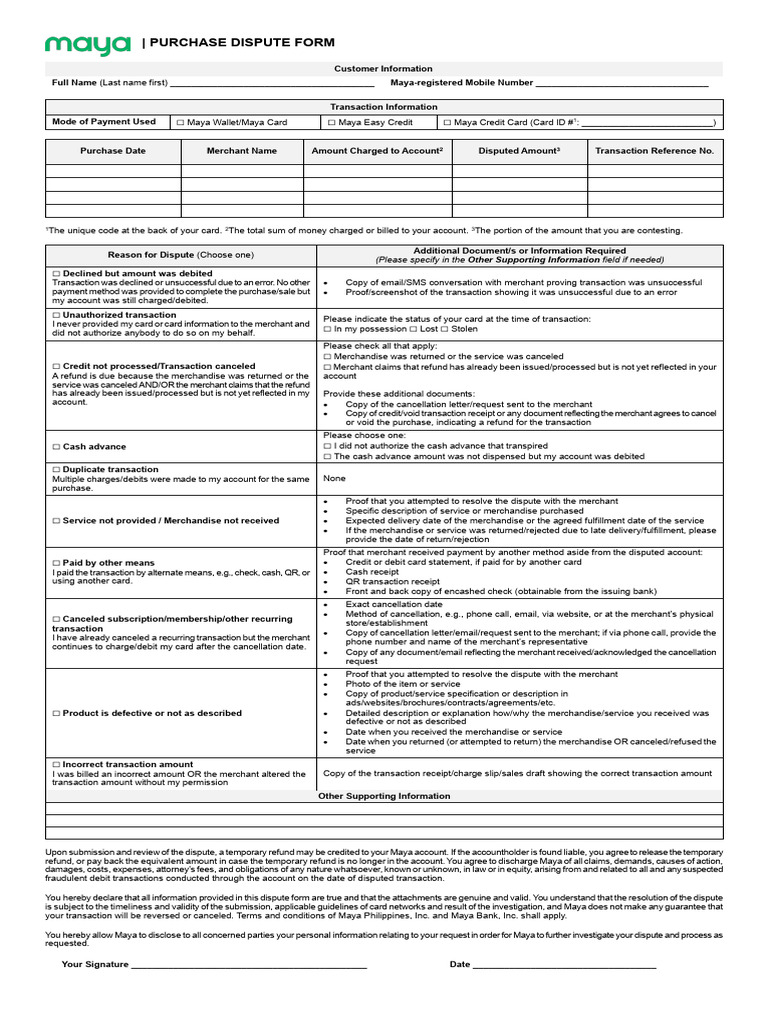 Maya Purchase Dispute Form | PDF | Credit Card | Debit Card
