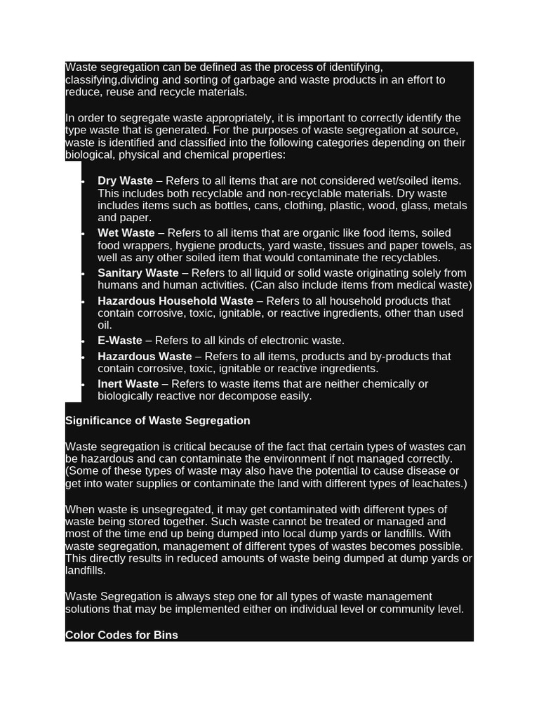 Waste segregation can be defined as the process of identifying | PDF ...