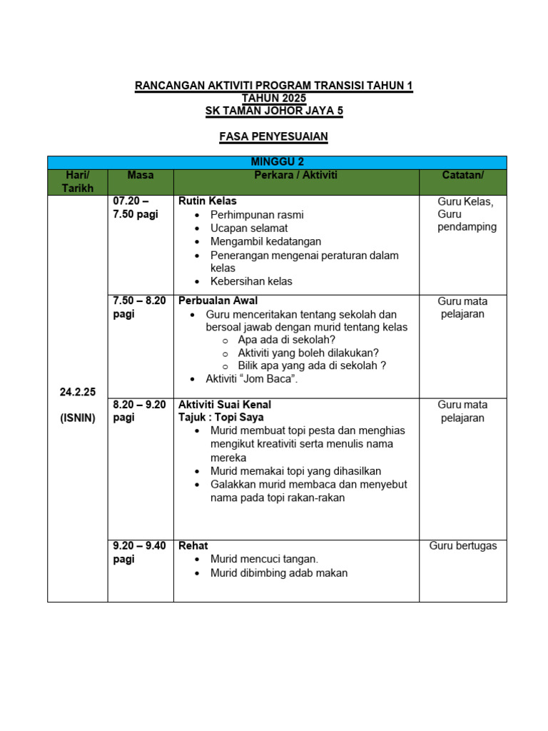Jadual Transisi Tahun 1 (Minggu 2) | PDF