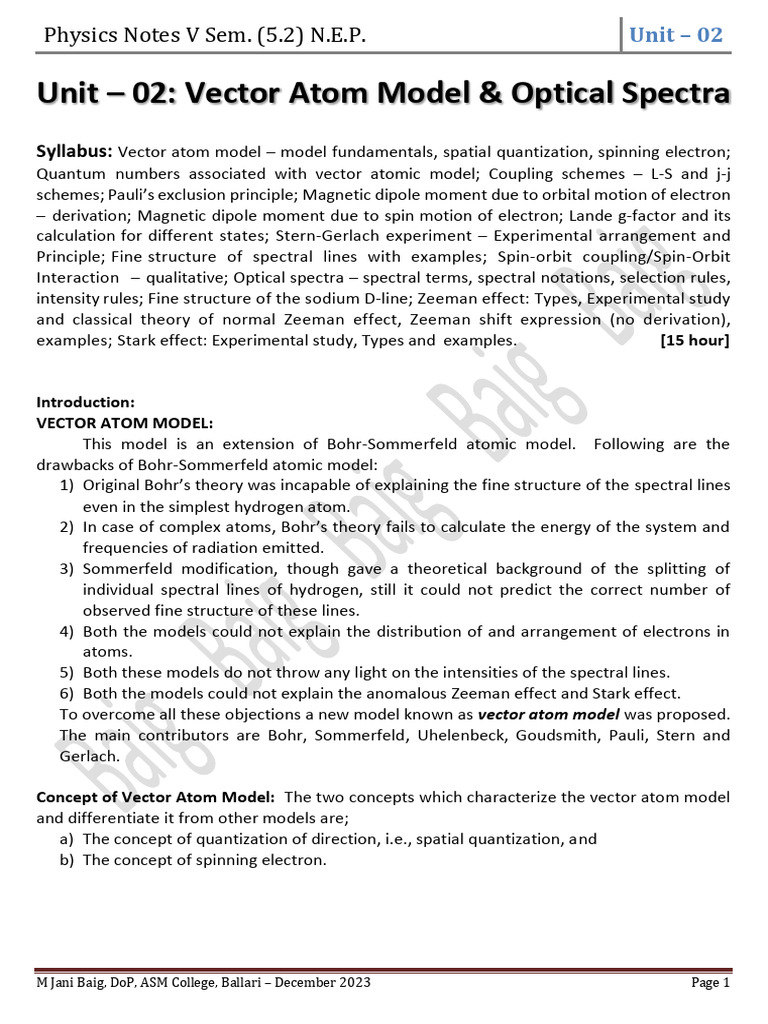 V Sem Phyics Paper 5.2 Unit 2 NEP | PDF | Spin (Physics) | Atomic Orbital