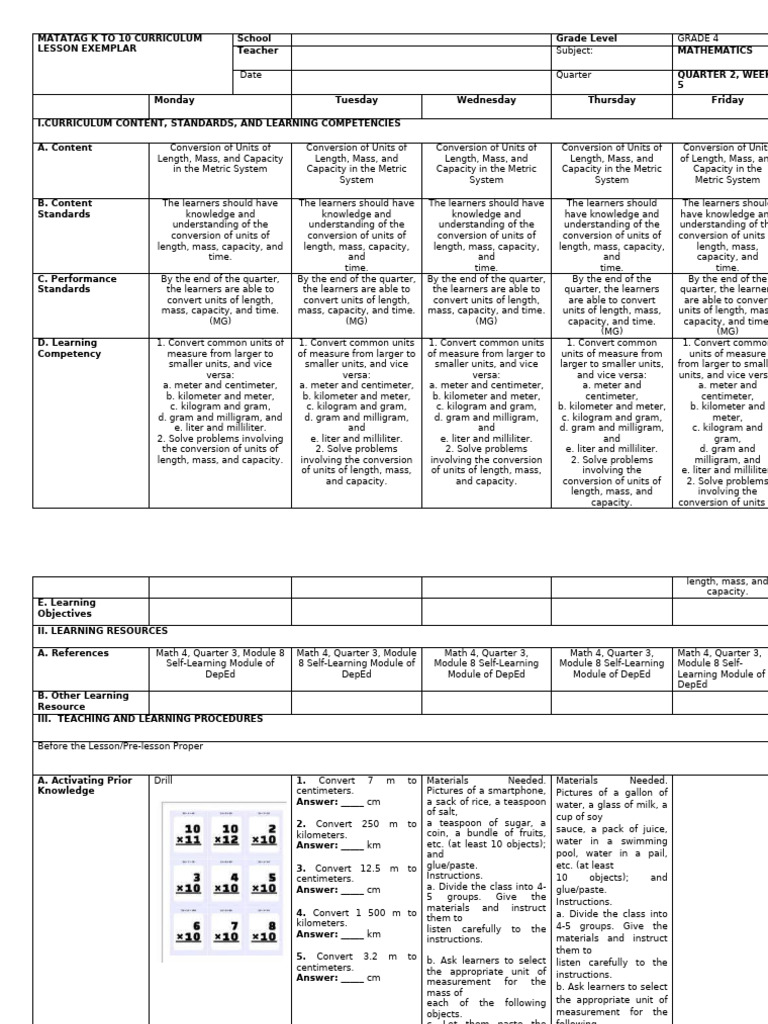 Grade 4-Q2W5 (Matatag DLL) - Mathematics | PDF | Kilogram | Litre